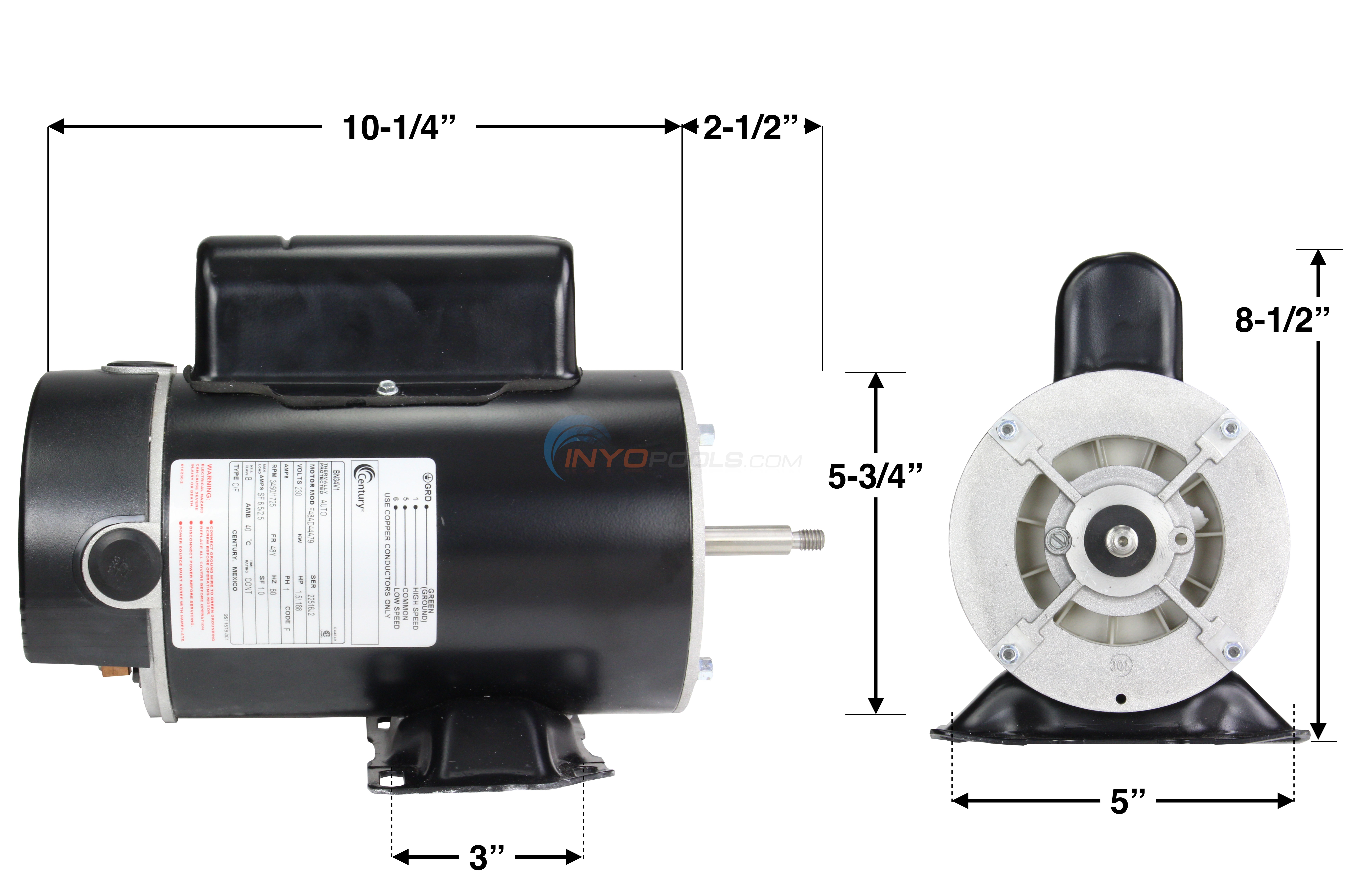 Century (A.O. Smith) 1.5 HP Up Rate Thru Bolt Motor, 48Y Frame, 230 ...