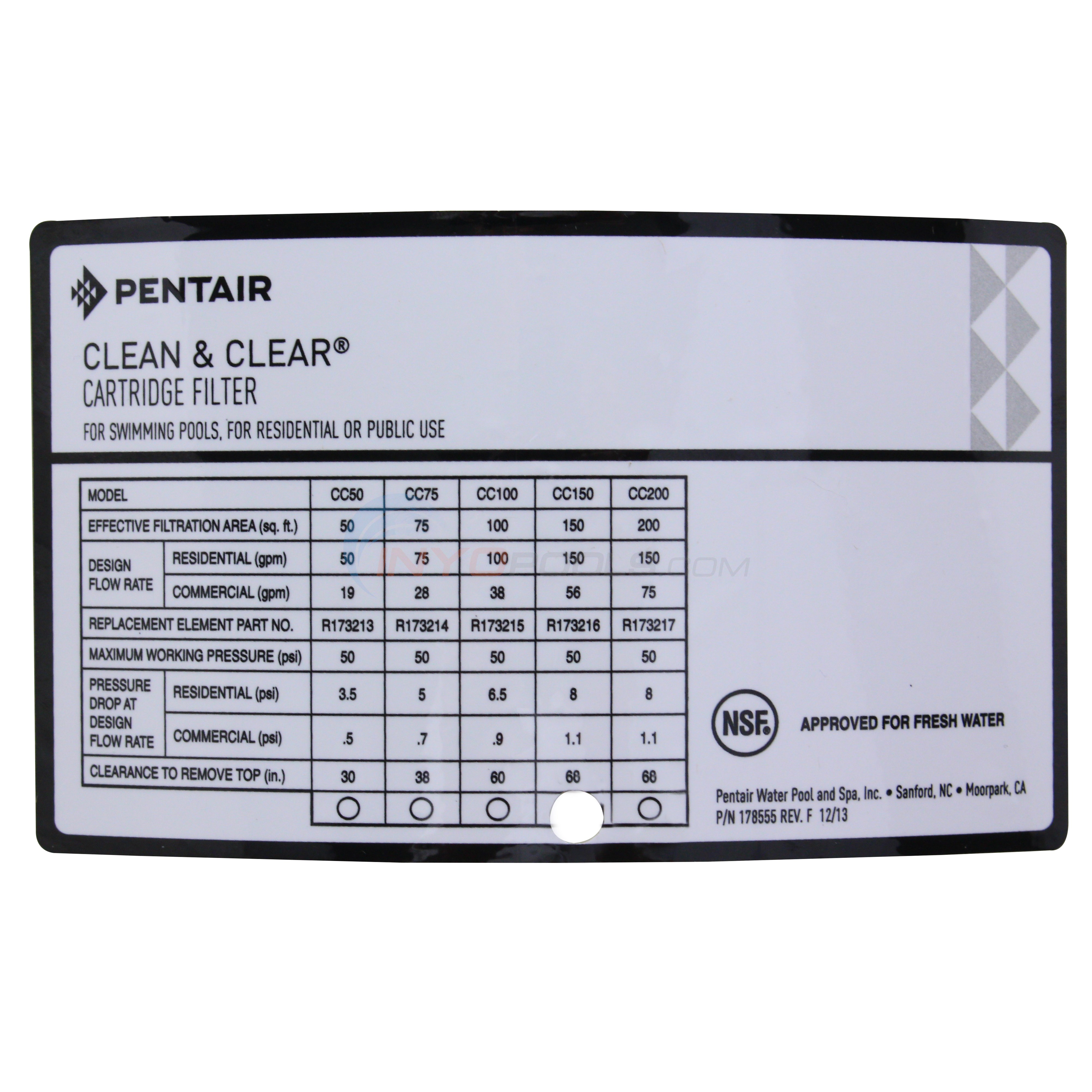 Pentair Clean & Clear Cartridge Filter, 150 Sq. Ft. - EC-160317 ...