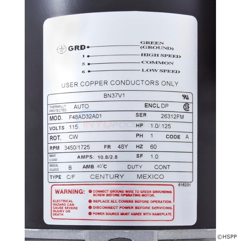 Century (A.O. Smith) 1.0 HP Up Rate Low Amps Thru Bolt Motor, 48Y Frame ...