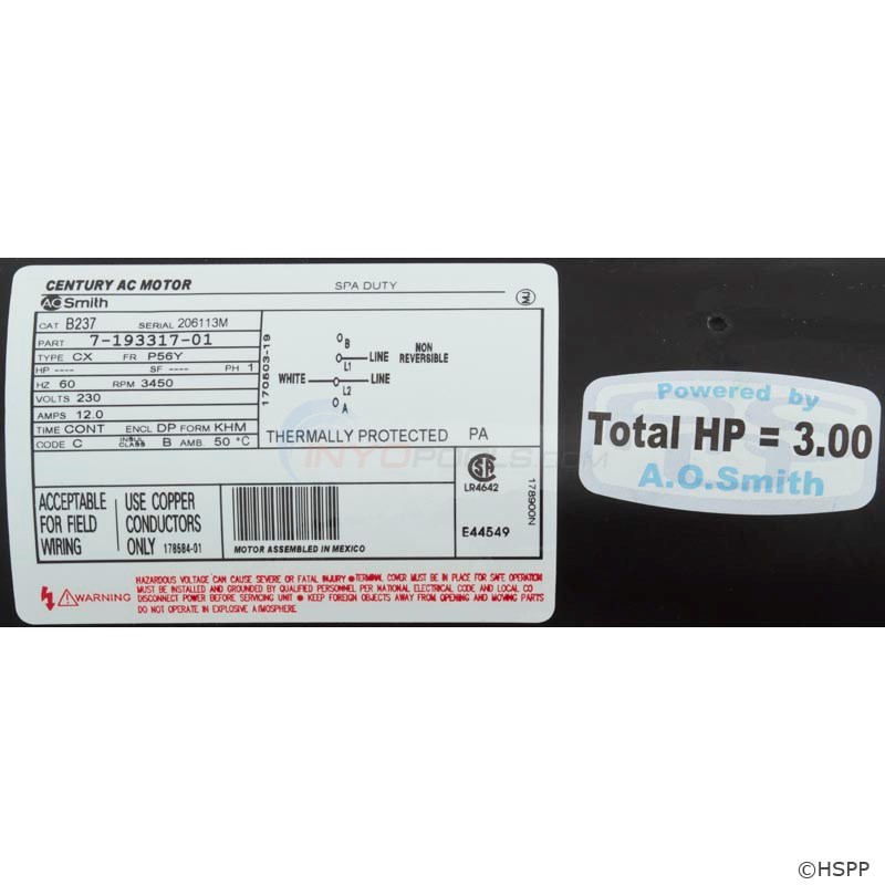 A.O. Smith Century 4.0 HP Thru-Bolt 56Y 230V Motor - B237 - INYOPools.com