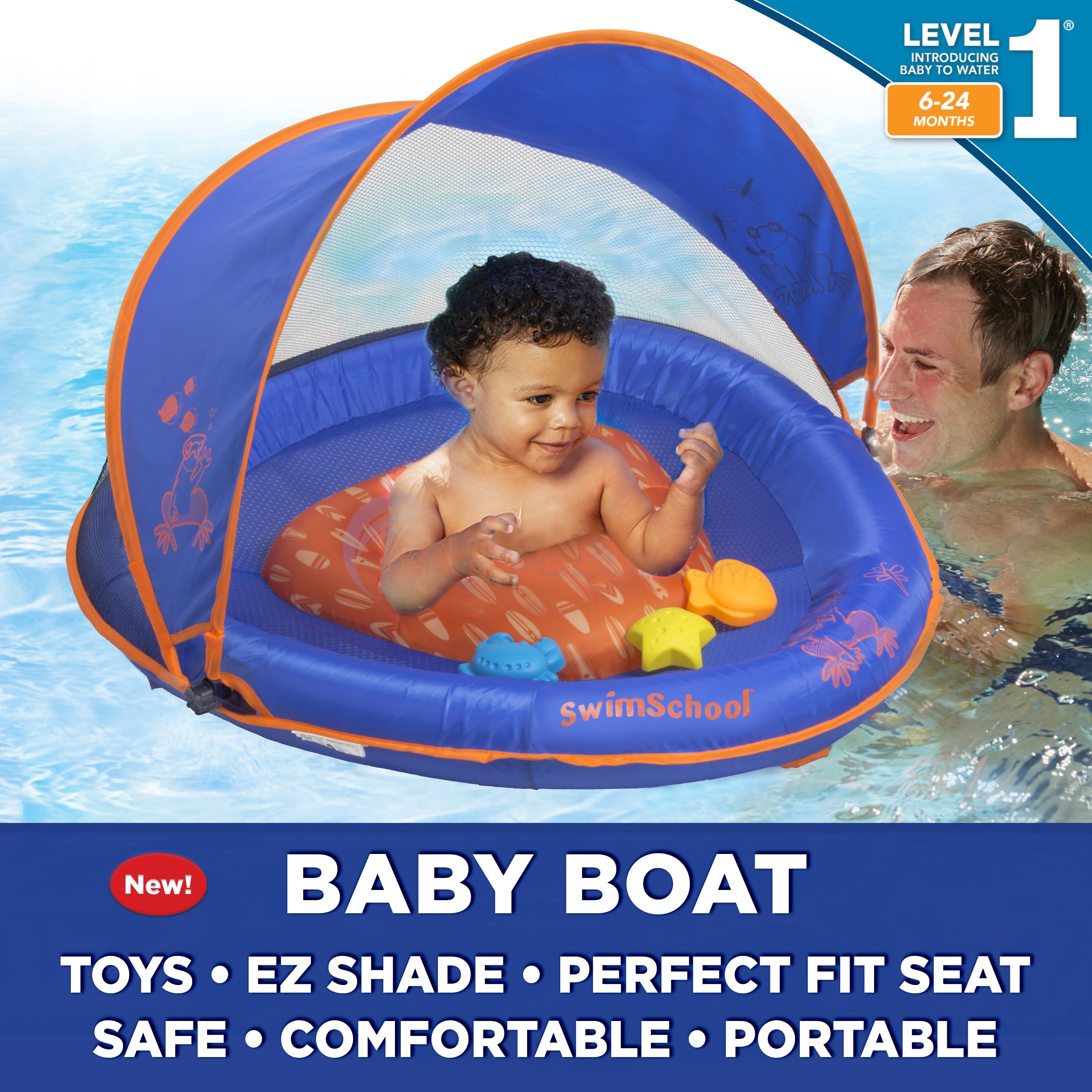 SwimSchool Infant Baby Pool Float with Play Activity Toys - Blue/Orange ...