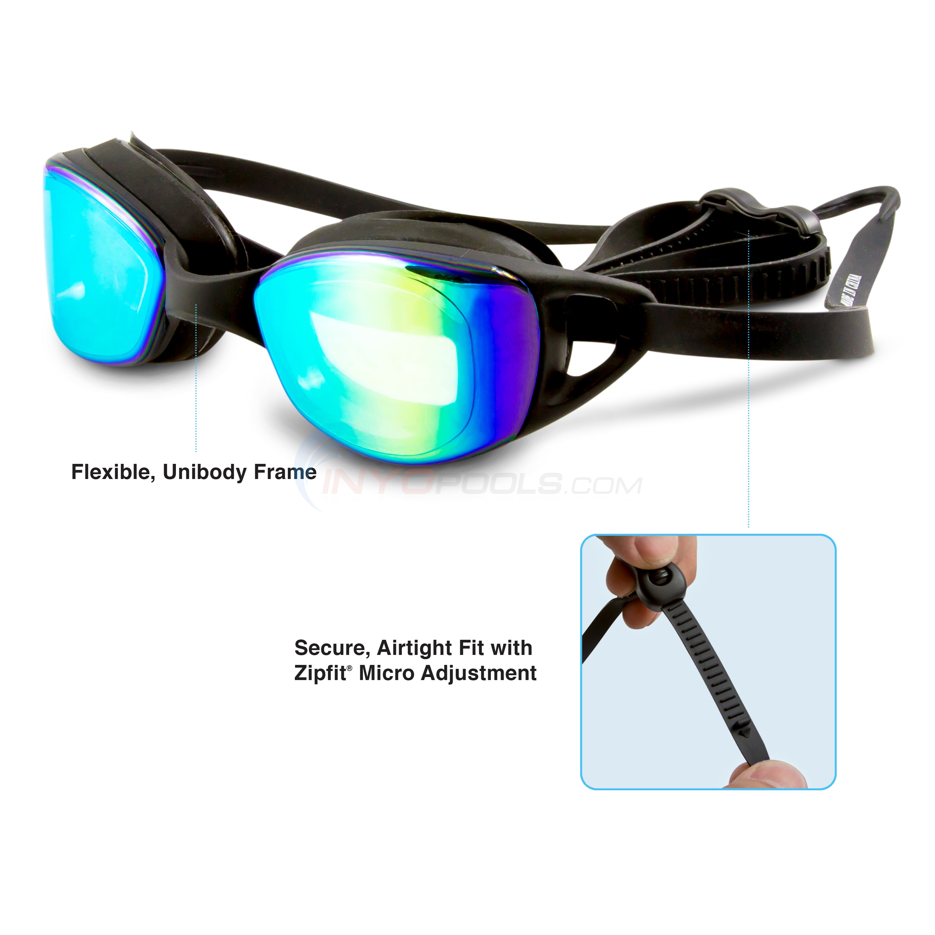 Dolfino Pro Stingray Mirrored Silicone Swim Goggle - Black - INYOPools.com