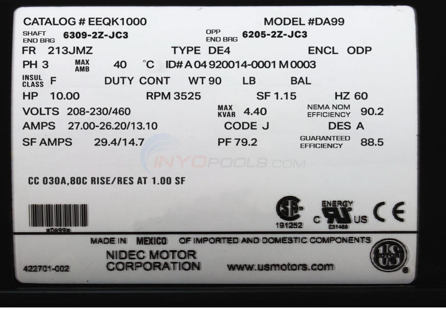 15HP Motor for Pentair EQ Pump 1.15 SF 208-230/460V 215 JMZ FRAME ...