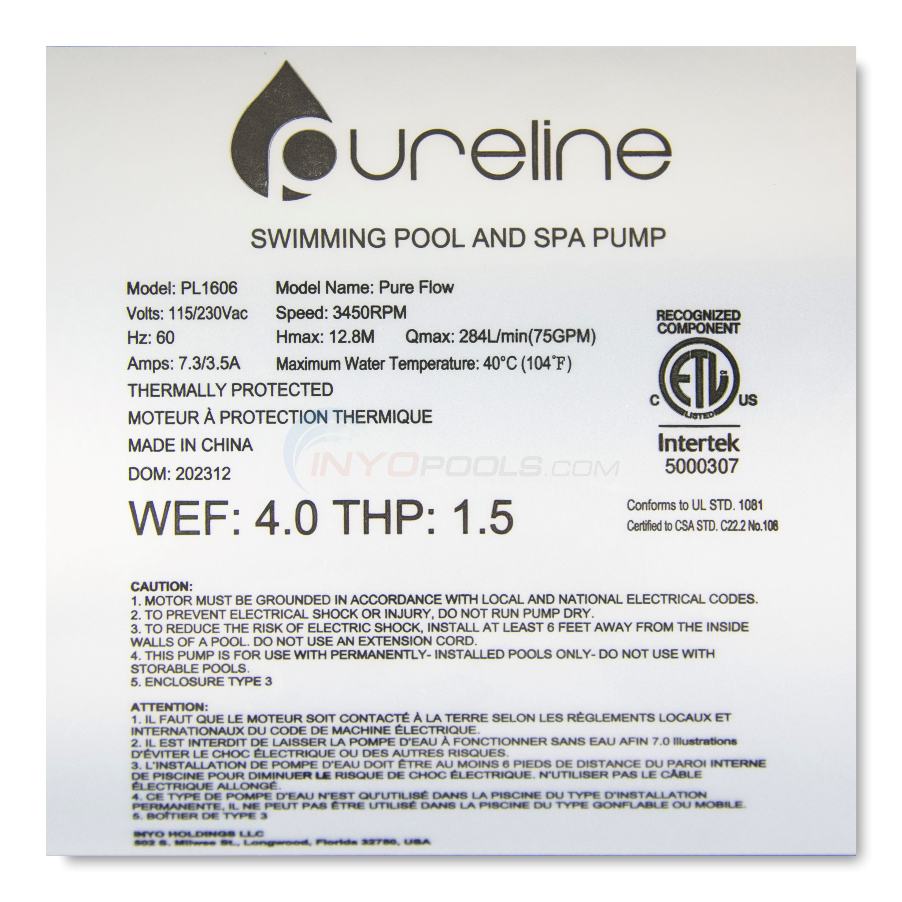 Pureline 1 HP Pure Flow Pump, Inground Pool, Single Speed, 115-230 Volt ...