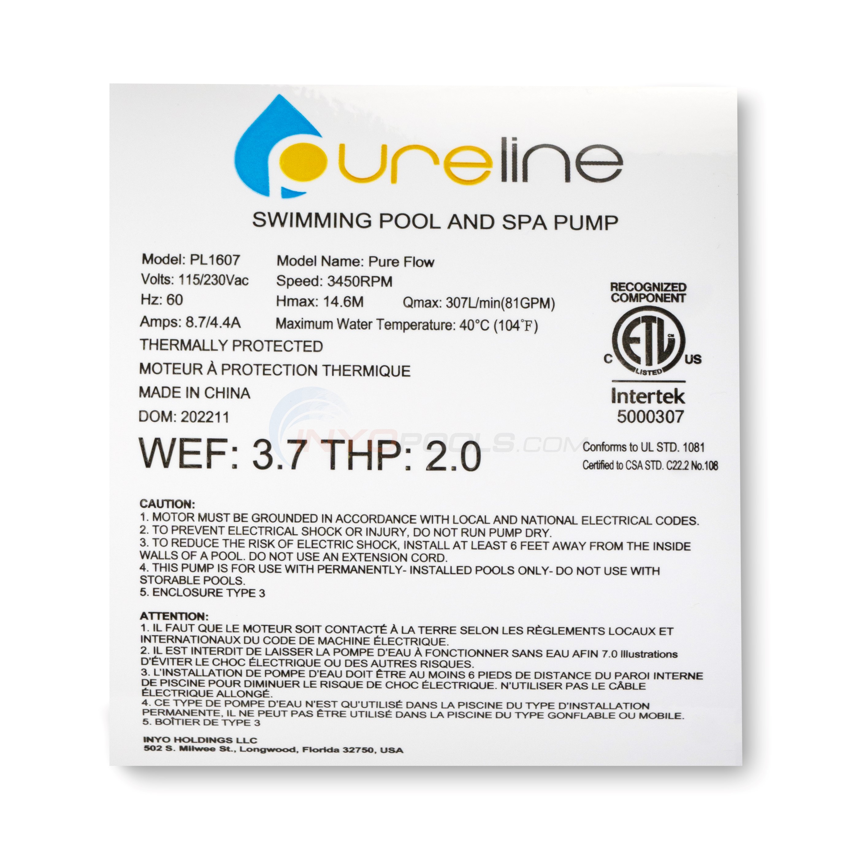 Pureline 1.5 HP Pure Flow Pump, Inground Pool, Single Speed, 115-230 ...