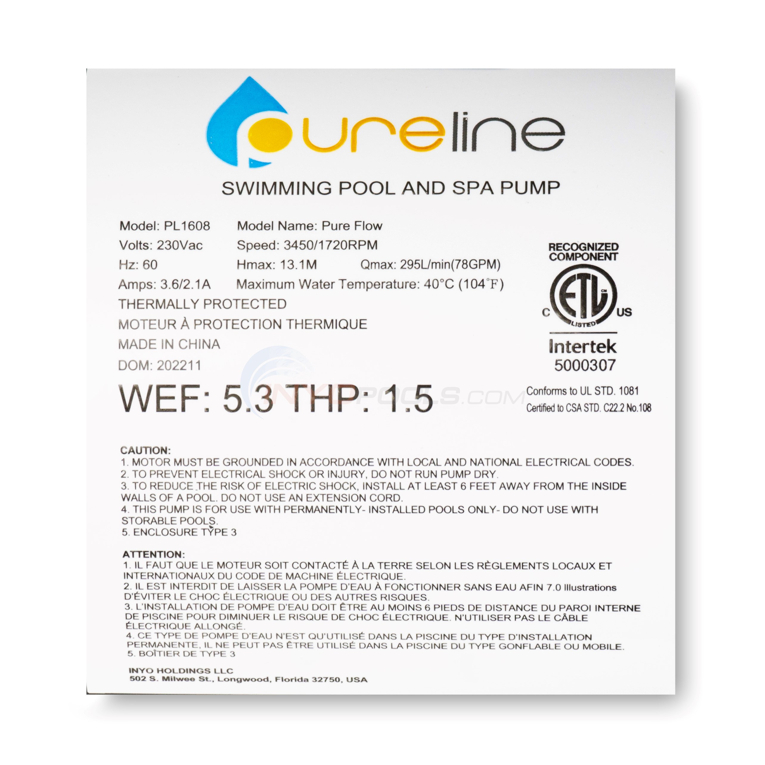 Pureline 1 HP Pure Flow Pump, Inground Pool, Dual Speed, 230 Volt ...