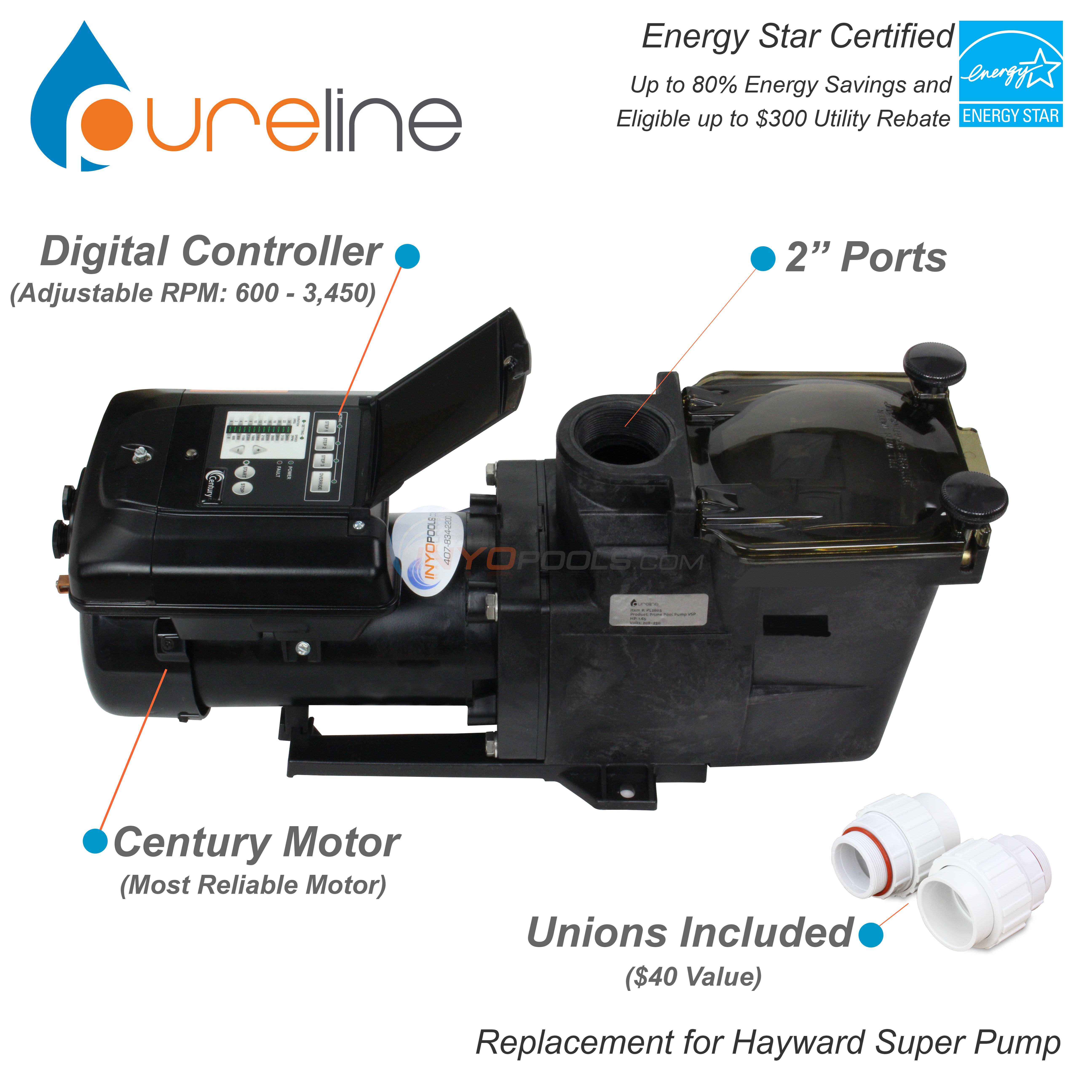 Pureline Prime Variable Speed Pool Pump 1.65 HP Salt Friendly ...
