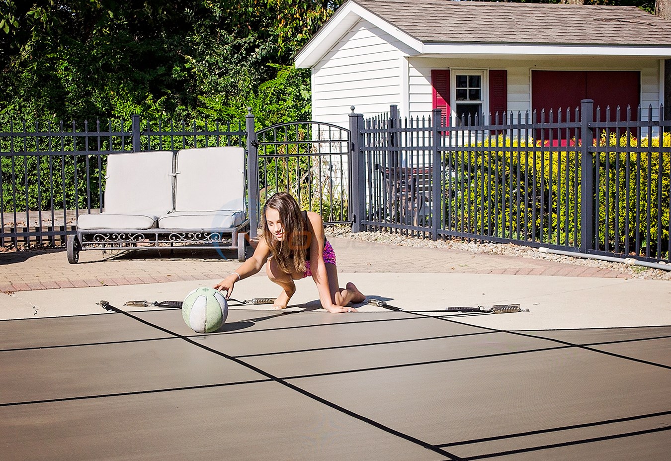 16' x 32' Rectangular w/ 4' x 8' Left Step Tan Mesh Safety Cover 18 ...