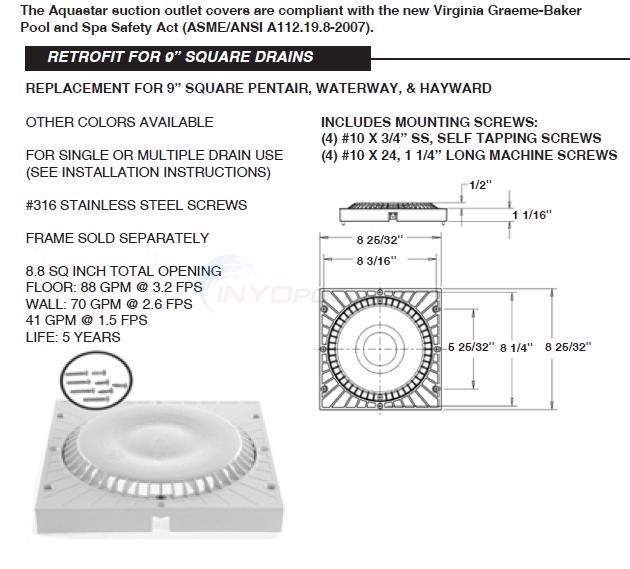 Aquastar 9" Square Drain Retrofit Parts - INYOPools.com