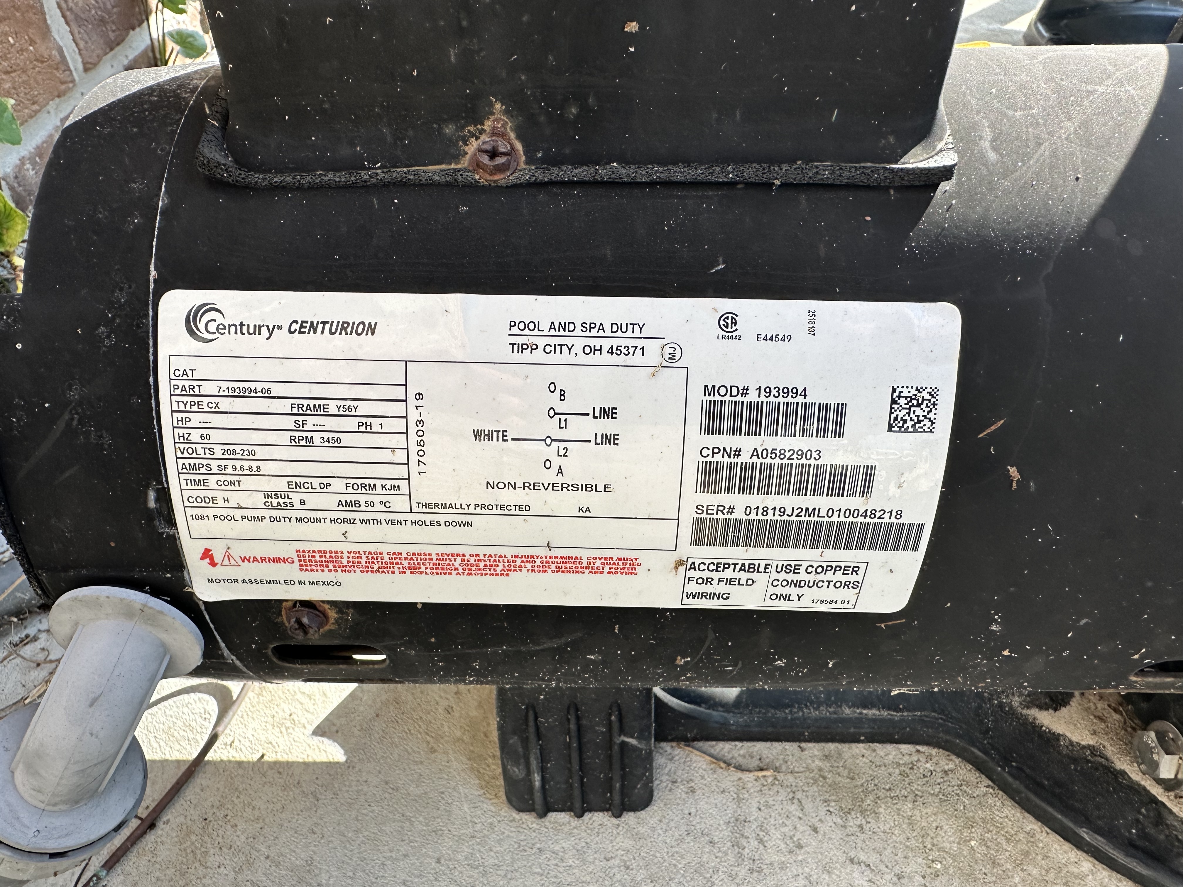 Century (A.O. Smith) 2.0 HP Up Rate Motor, Square Flange 56Y Frame ...