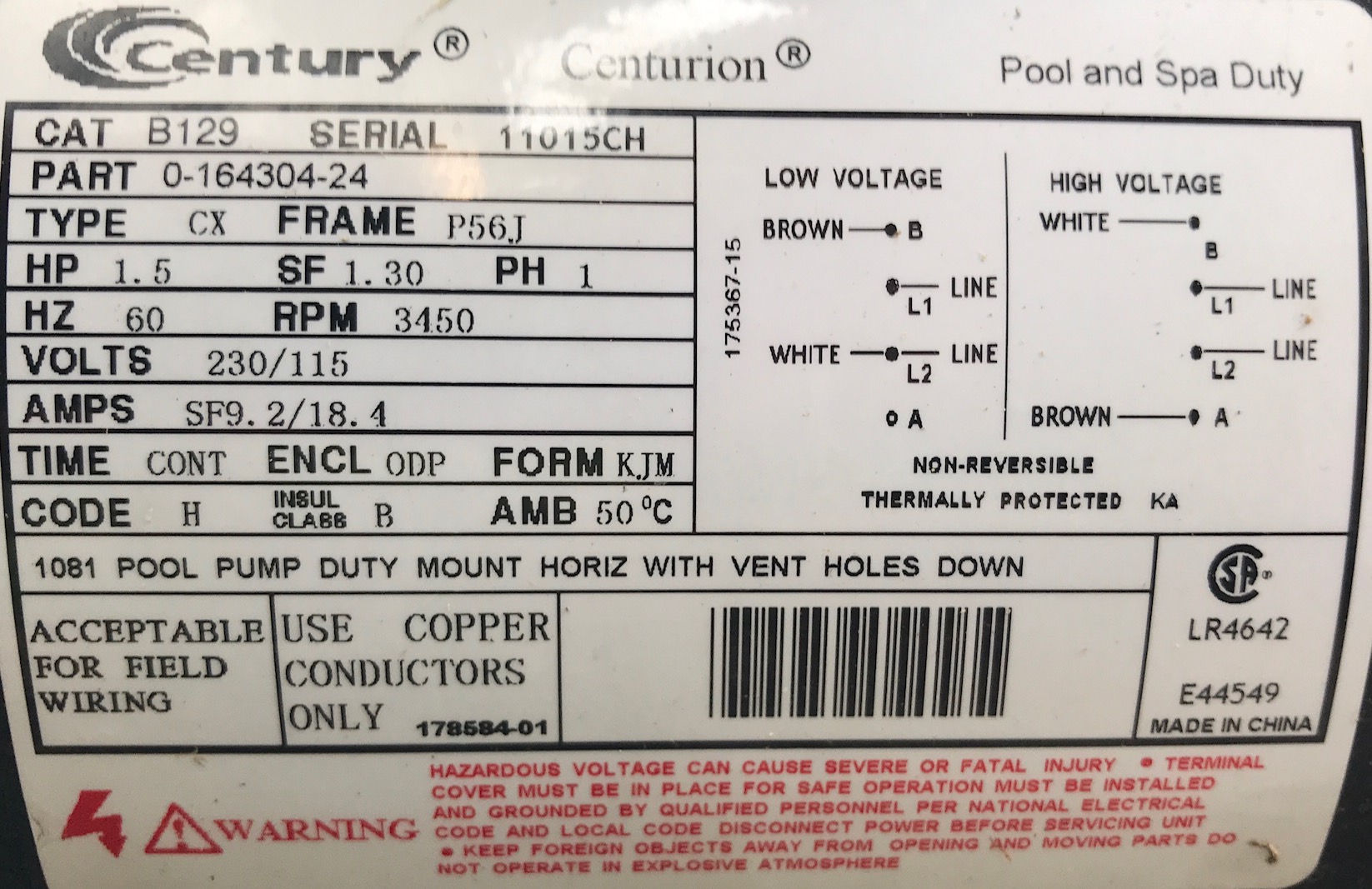 Century (A.O. Smith) 1.5 HP Full Rate Energy Efficient Motor, Round ...