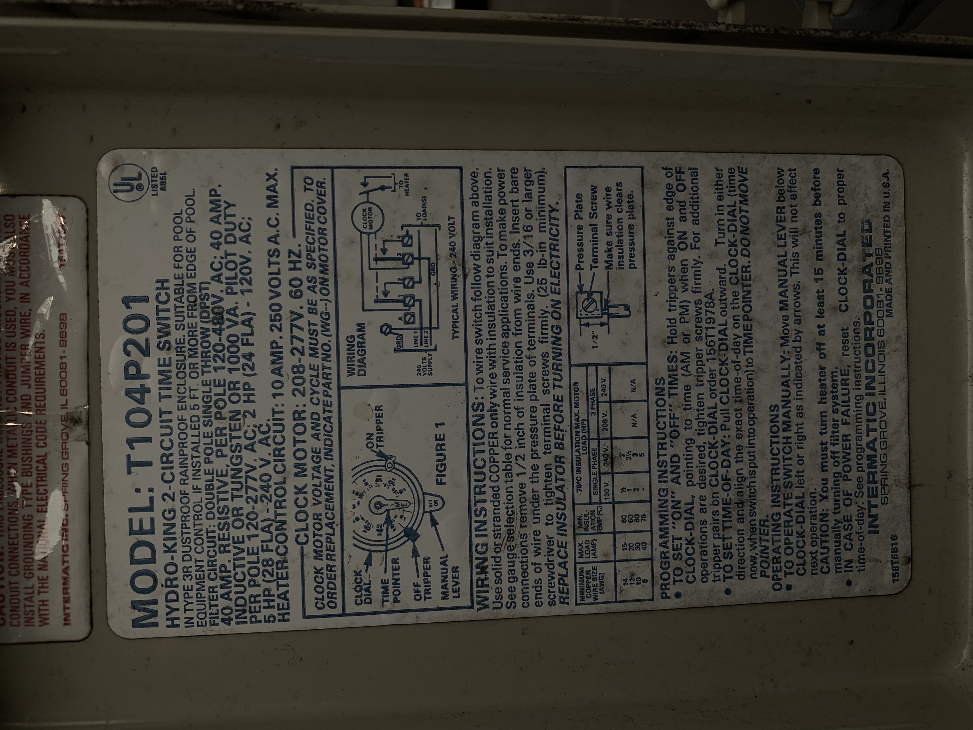 Intermatic Mechanical Timer Mechanism Only, 40 Amp, 220 Volt, DPST, 24 ...